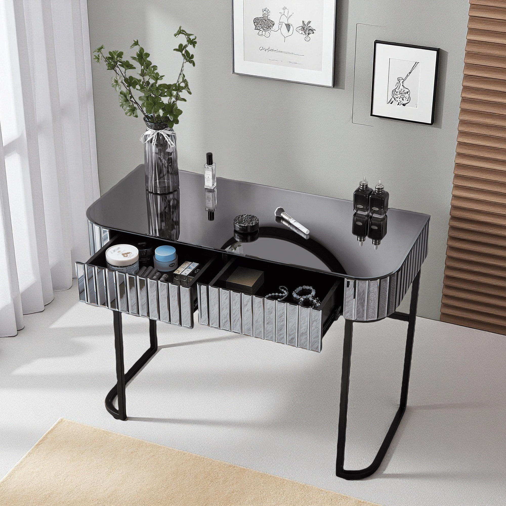 Wrought Studio™ 39" Mirrored Makeup Vanity Table With Stainless Steel Base, Mirrored Console ...